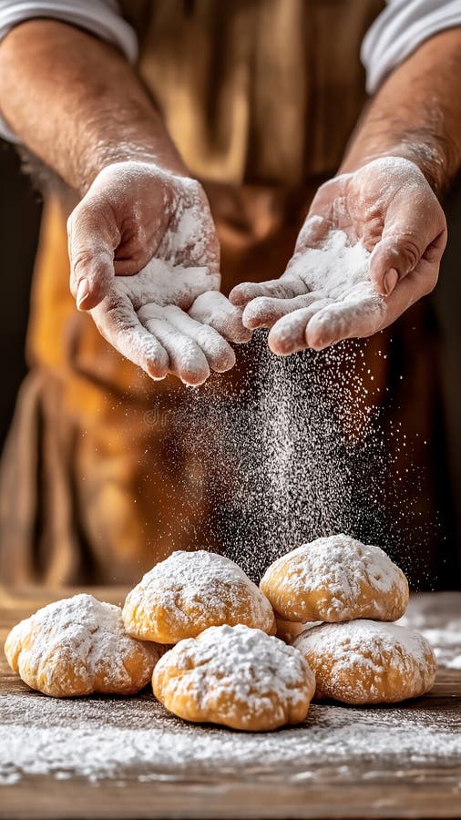 Baker Dusts Powdered Sugar Over Freshly Baked Pastries in a Rustic ...