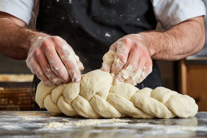 A Baker Expertly Molds Soft Dough into a Braided Shape on a Floured ...