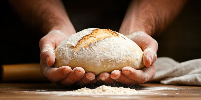 Baker Hands Holding Freshly Baked Bread with Flour Dusted on Table ...