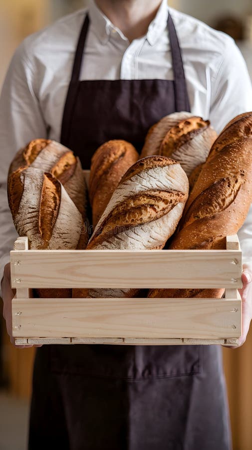 Baker Holding Crate of Fresh Bread, Cozy Bakery Ambiance Stock ...