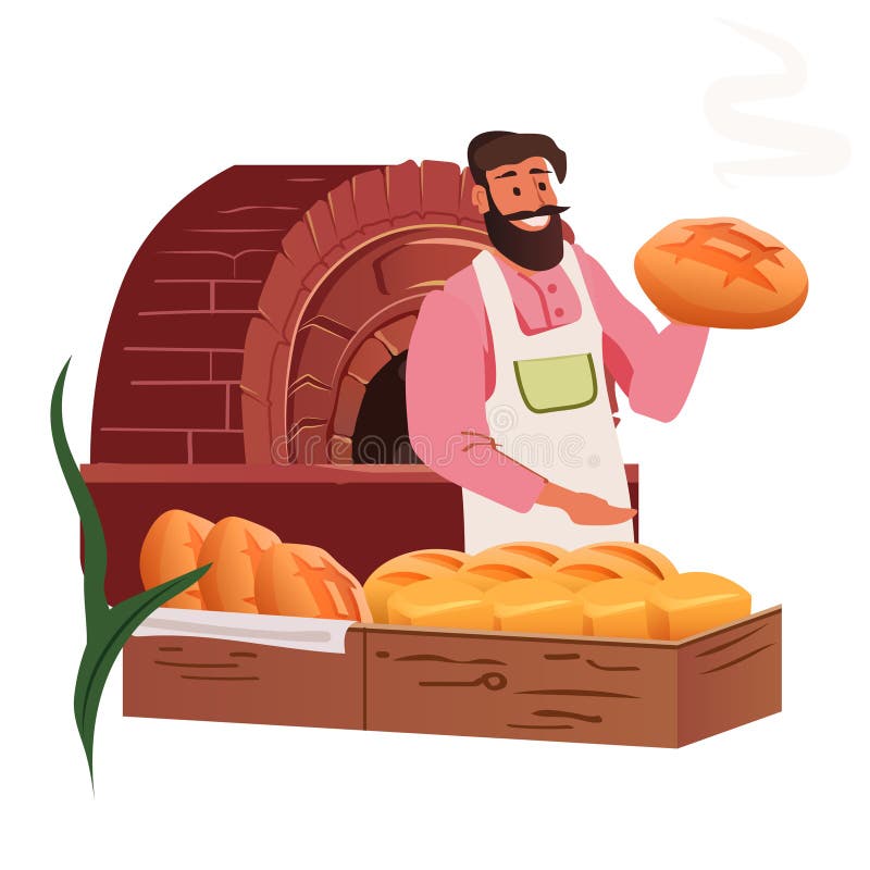 Baker Holding Fresh Bread Smiling Bakery. Rustic Oven Bread Display Man ...