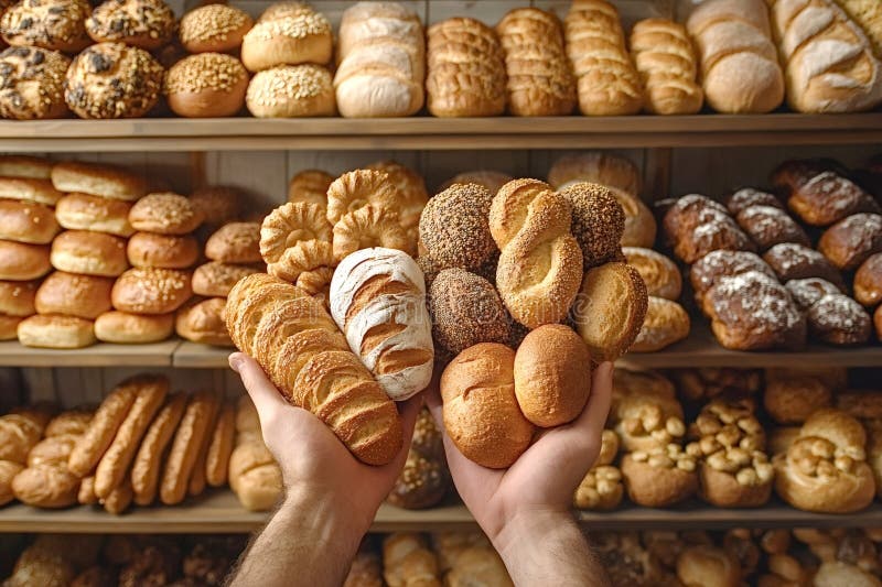 Baker Holding Freshly Baked Bread in Front of Shelves Full of Bread ...