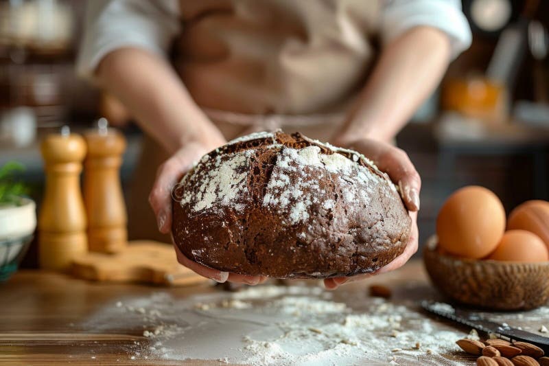 Baker Holding a Freshly Baked Chocolate Sourdough Bread Dusted with ...
