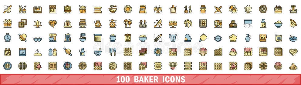 100 Baker Icons Set, Color Line Style Stock Vector - Illustration of ...
