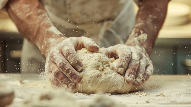 Baker Kneading Dough on a Floured Surface. Traditional Baking and ...