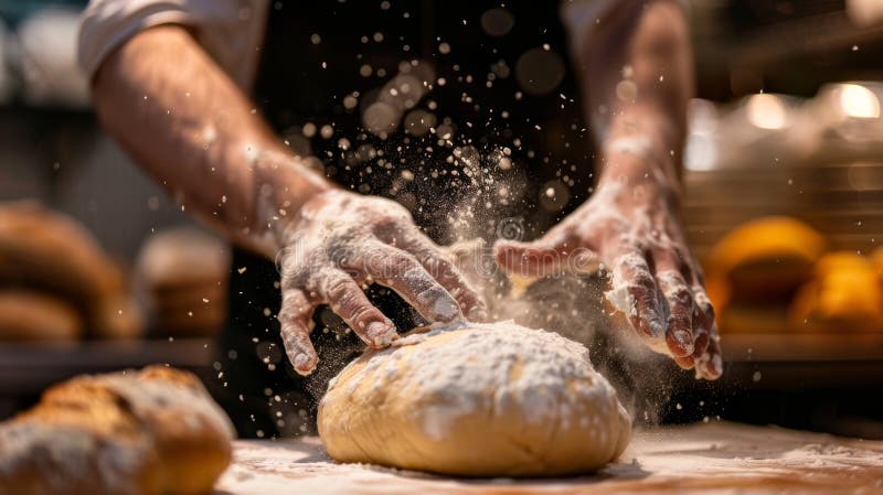 Baker Kneading Dough in a Floury Environment, Preparing Bread. Culinary ...