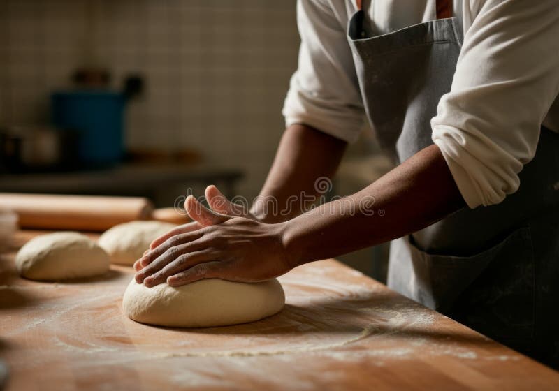 Baker Kneading Dough Hand Floured Surface Artisan Bakery Kitchen Stock ...