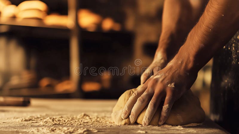 Baker Kneading Dough in Warm Bakery Light Stock Image - Image of ...