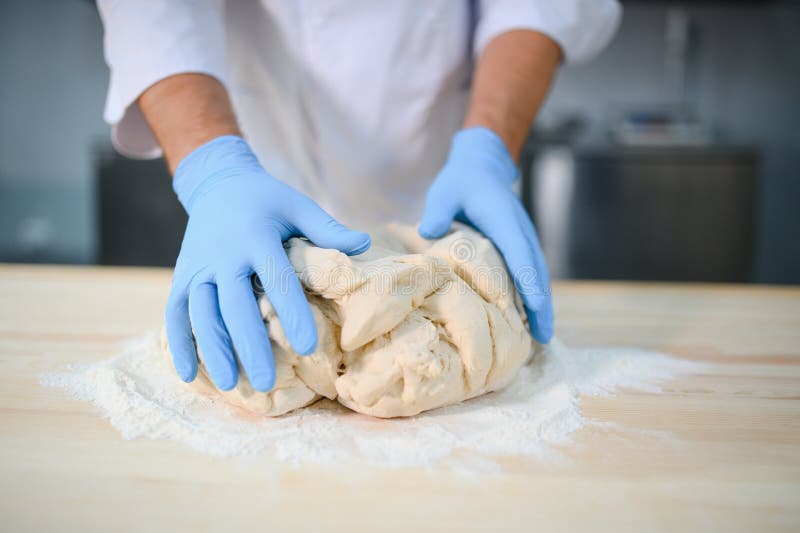 Baker Man Kneading Dough and Bakery Ingredients for Bread Cooking on ...