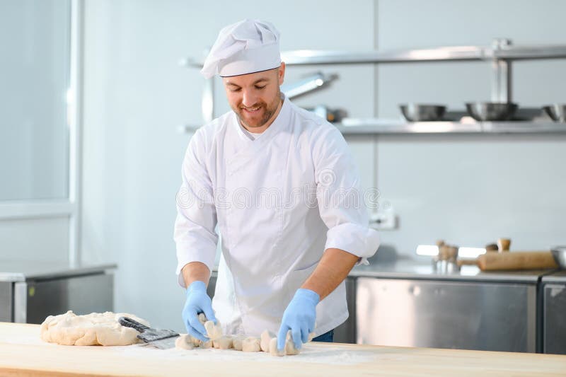 Baker Man Kneading Dough and Bakery Ingredients. Bakery Concept Stock ...