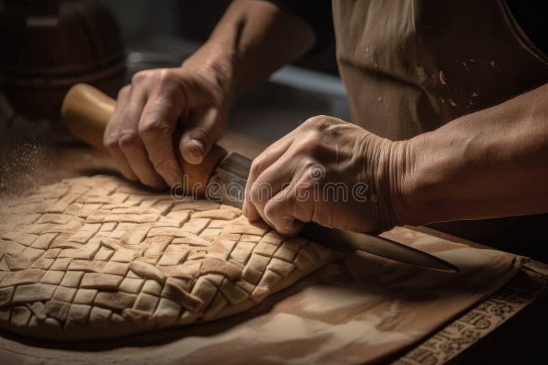 A Baker, Meticulously Shaping and Scoring Bread for a Basket Weave ...