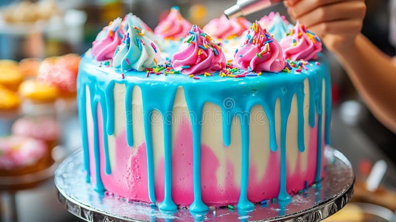 Baker Piping Colorful Icing on a Festive Cake, with a Decorated Cake ...
