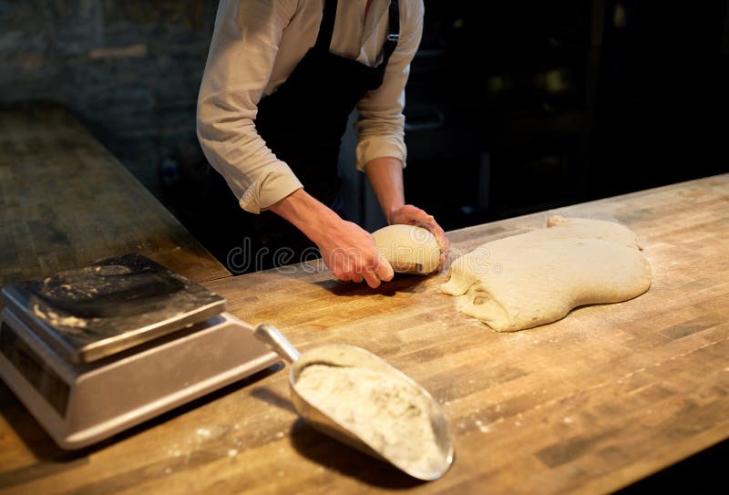 Baker Portioning Dough with Bench Cutter at Bakery Stock Image - Image ...