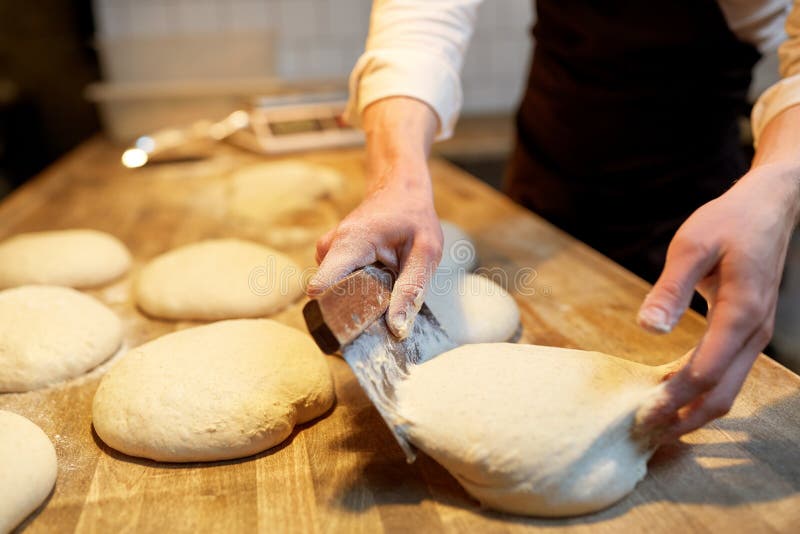 Baker Portioning Dough with Bench Cutter at Bakery Stock Image - Image ...