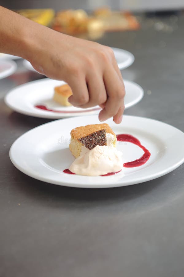 Baker Pouring the Sweets on the Delicious Cake Stock Image - Image of ...