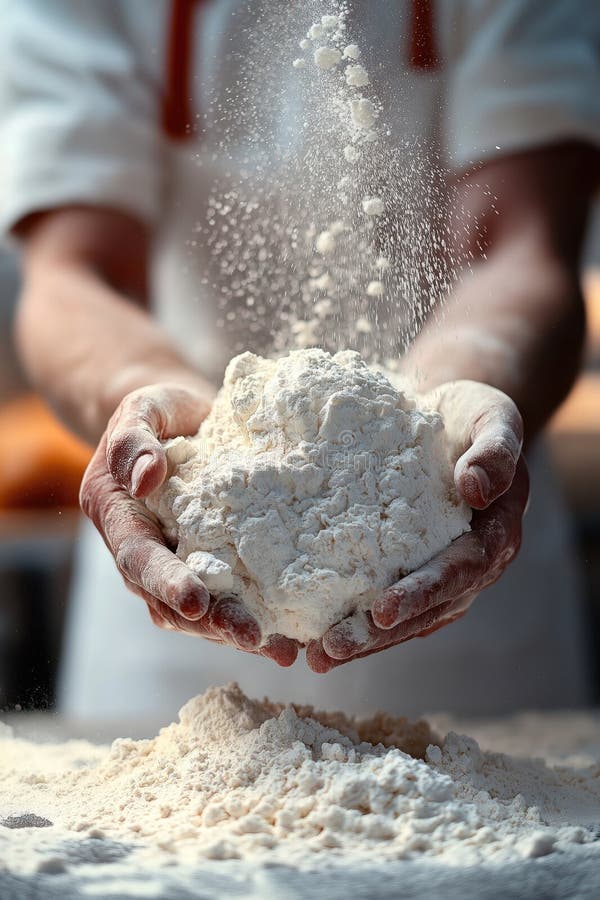 Baker Prepares Dough in Bright Bakery. Chef Expertly Handles Flour ...