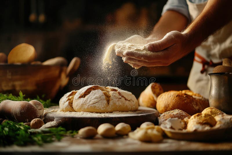 Baker Prepares Dough with Flour on a Clean Countertop in Warm Light ...