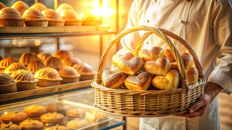 Baker Presenting a Basket of Heart-shaped Pastries in a Warm Bakery ...