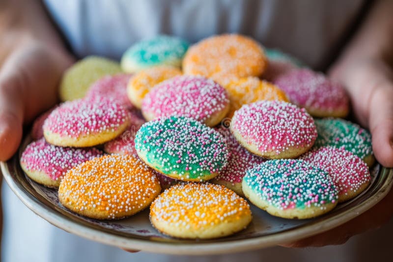 Baker Presenting a Vibrant Array of Colorful Cookies on a Decorative ...