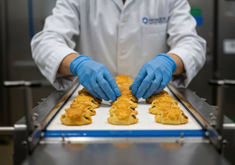 Baker Processing Pastries on a Conveyor Belt. Food Production Line in a ...