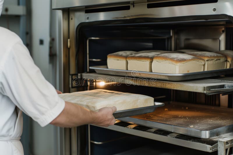 Baker Pulling Bread Tray Out of Industrial Oven Stock Photo - Image of ...