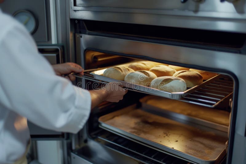 Baker Pulling Bread Tray Out of Industrial Oven Stock Photo - Image of ...
