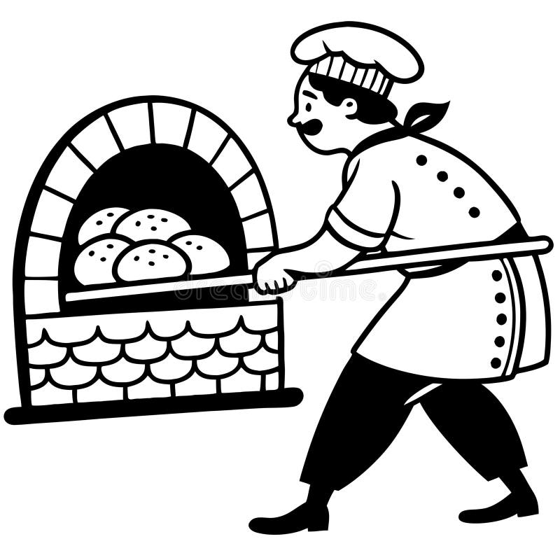 Baker Pulling Freshly Baked Bread from Traditional Stone Oven Vector ...