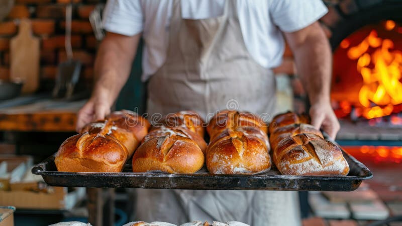 A Baker Pulling a Tray of Golden-brown Bread Loaves from a Traditional ...