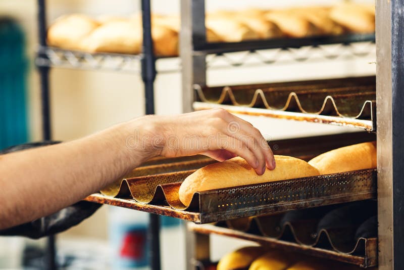 Baker Puts Ciabatta Buns on Pallets. Horizontal Photo Stock Image ...