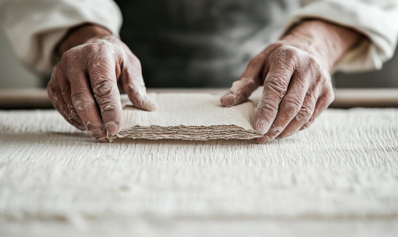 A Baker S Hands Covered in Flour Hold Together Multiple Sheets of Fresh ...