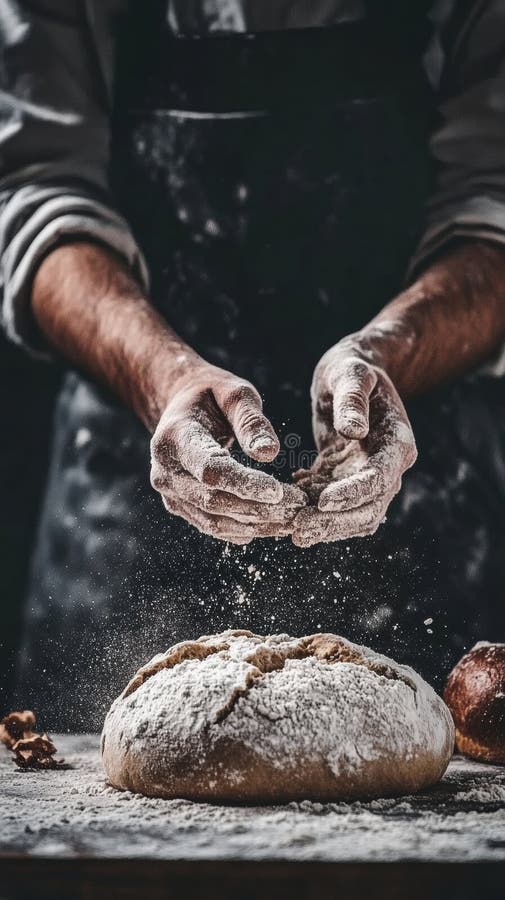 Baker S Hands Dust Flour Over Freshly Baked Artisan Bread in a Rustic ...