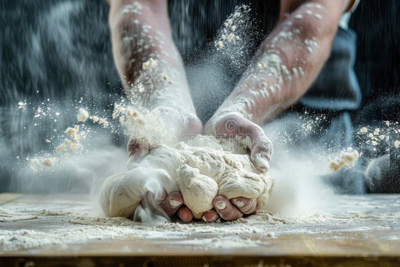 A Bakerâ€™s Hands Kneading Dough with Flour Dust in the Air, Showcasing ...