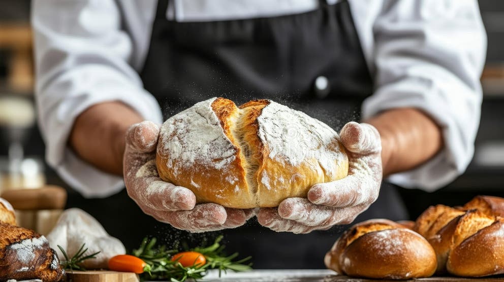 Baker S Hands Presenting Freshly Baked Loaf of Bread, Flour Dusting ...