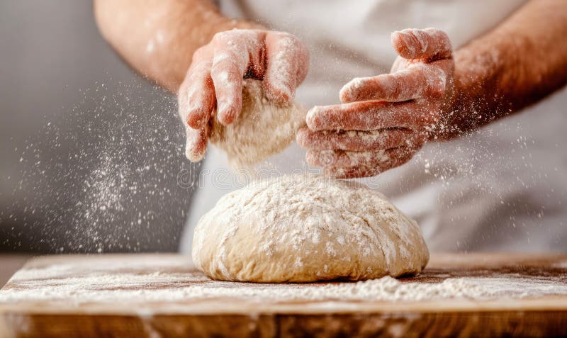 A Baker S Hands Sprinkle Flour Over a Ball of Dough, Creating a Cloud ...