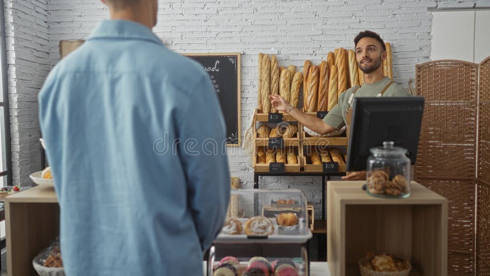 Baker Serving Man in a Bakery Shop Interior with Various Breads Behind ...