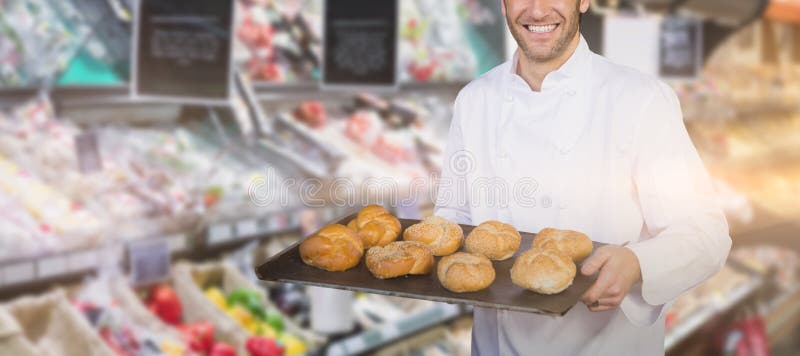 Composite Image of Baker Showing Bread Against White Background Stock ...