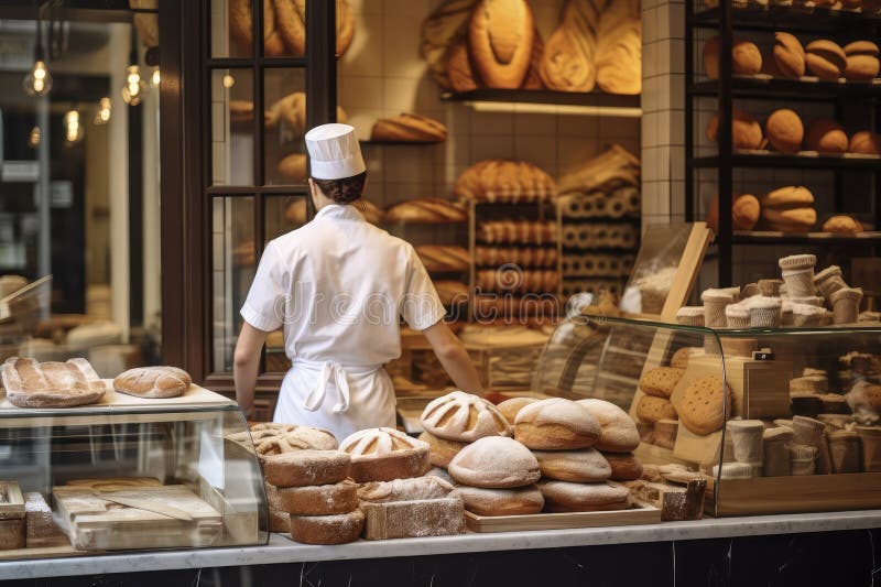 Baker Standing in Front of a Bakery Filled with Bread Stock ...
