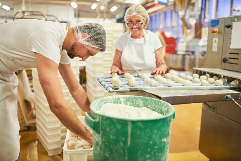 Baker Team with Apprentice on the Conveyor Belt Baking the Rolls Stock ...