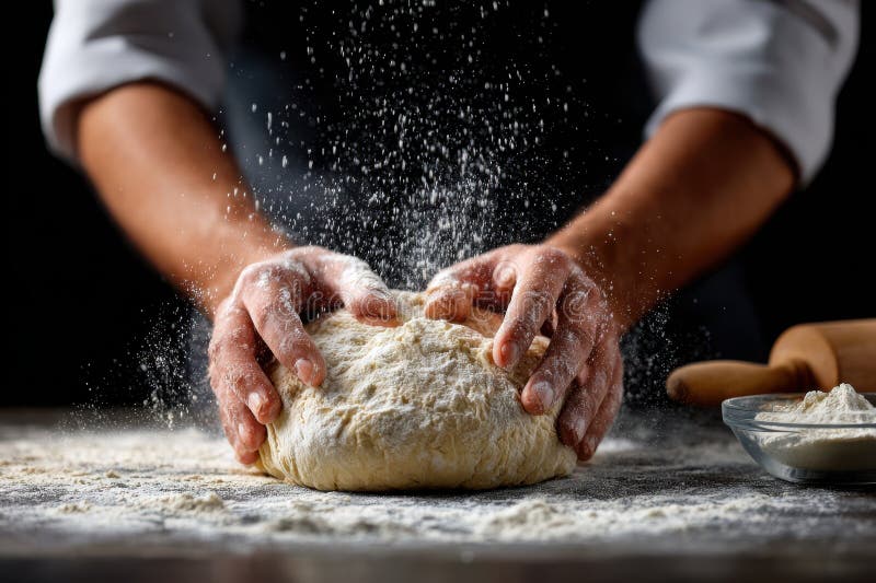 Artisan Baker Kneading Dough in a Rustic Kitchen with Flour Scattered ...