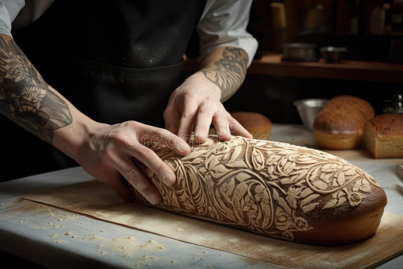 A Baker, Using Decorative Patterns and Cuts To Shape the Bread for a ...