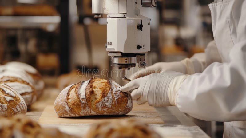 Baker Using Machine To Score Artisan Bread Loaves Stock Photo - Image ...