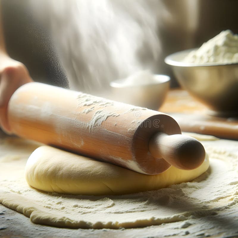 Baker Rolling Dough with Wooden Rolling Pin, Creating a Cloud of Flour ...