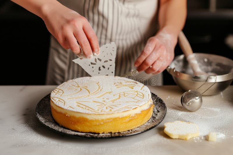 Baker Using a Stencil for Powdered Sugar Design on a Sponge Cake Stock ...