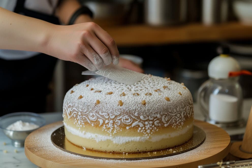 Baker Using a Stencil for Powdered Sugar Design on a Sponge Cake Stock ...