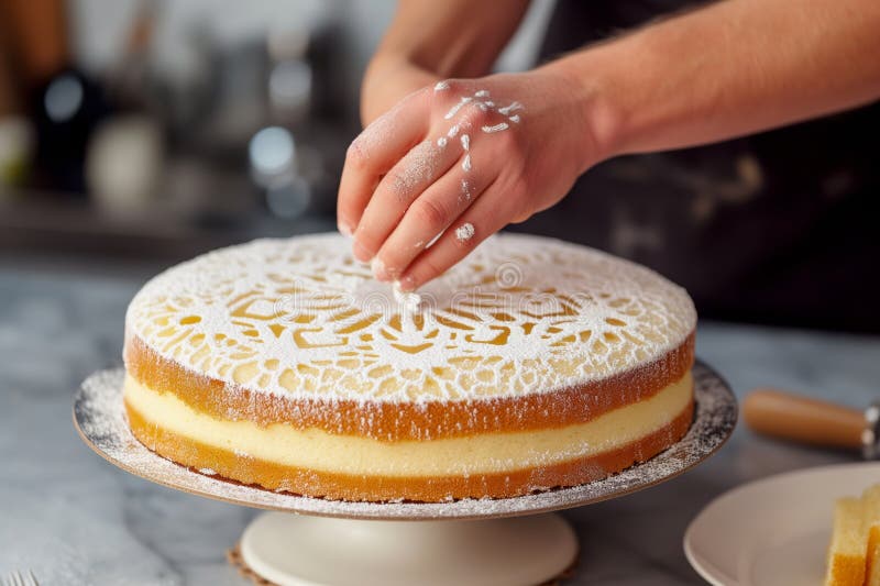 Baker Using a Stencil for Powdered Sugar Design on a Sponge Cake Stock ...