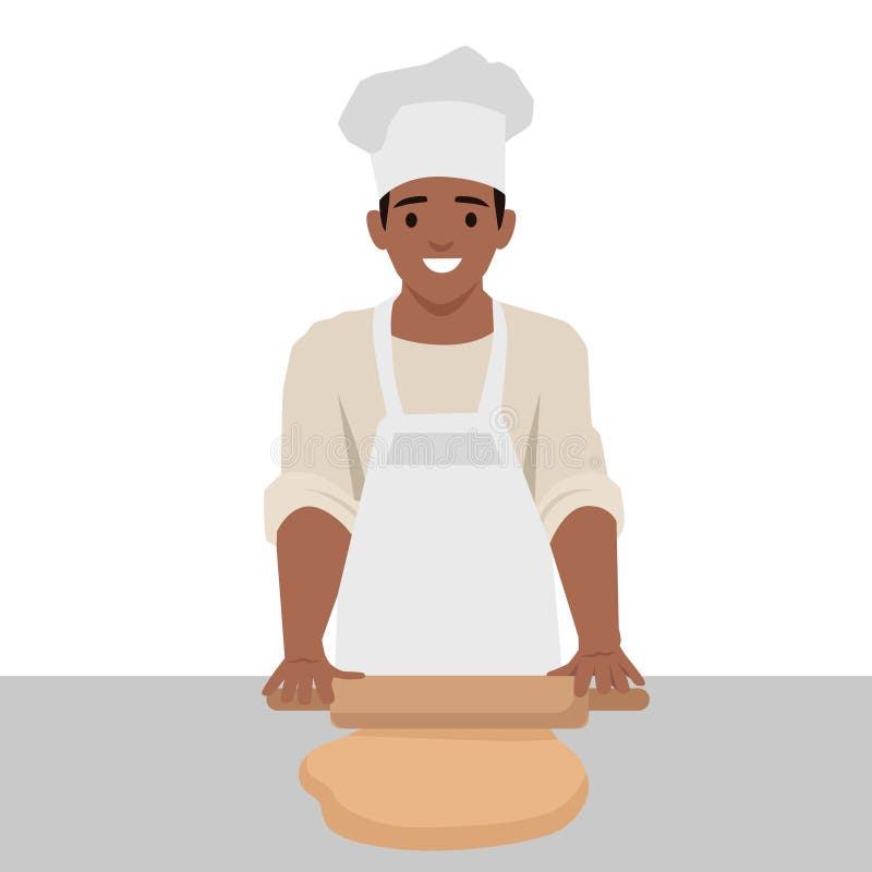 Baker Wearing a White Chefs Hat and Apron, Rolling Out Dough on a ...