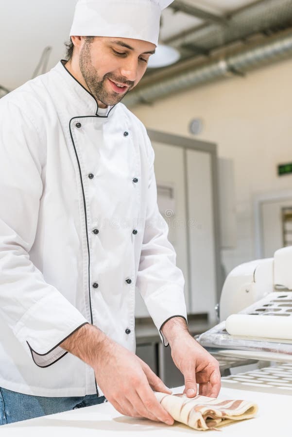 Baker in White Chefs Uniform Kneading Dough Stock Image - Image of bake ...