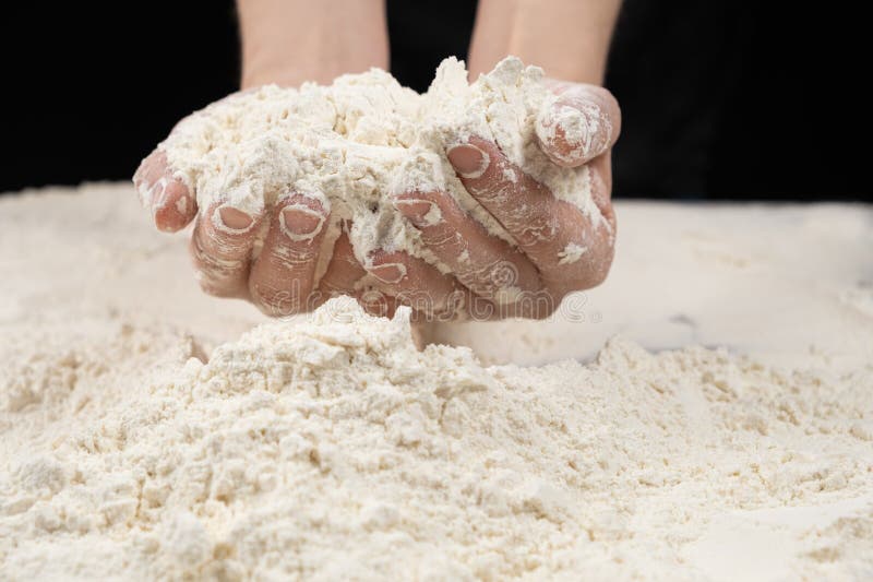 Baker Working with White Wheat Flour, Hands Close-up. Stock Image ...