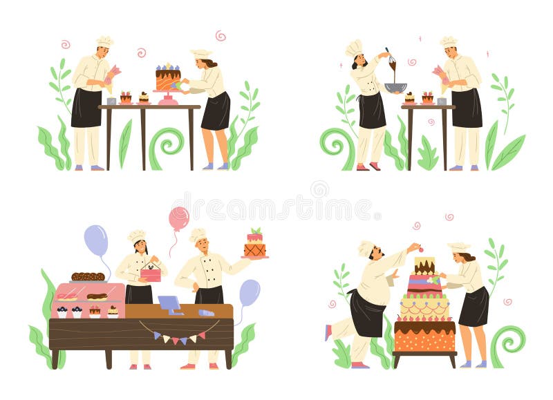 Bakers and Confectioners with Cakes and Pastry, Vector Illustrations ...