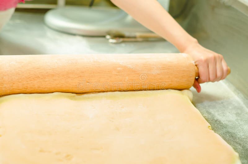 Bakers Hands Using Large Rolling Pin Working on Bread Dough Stock Image ...